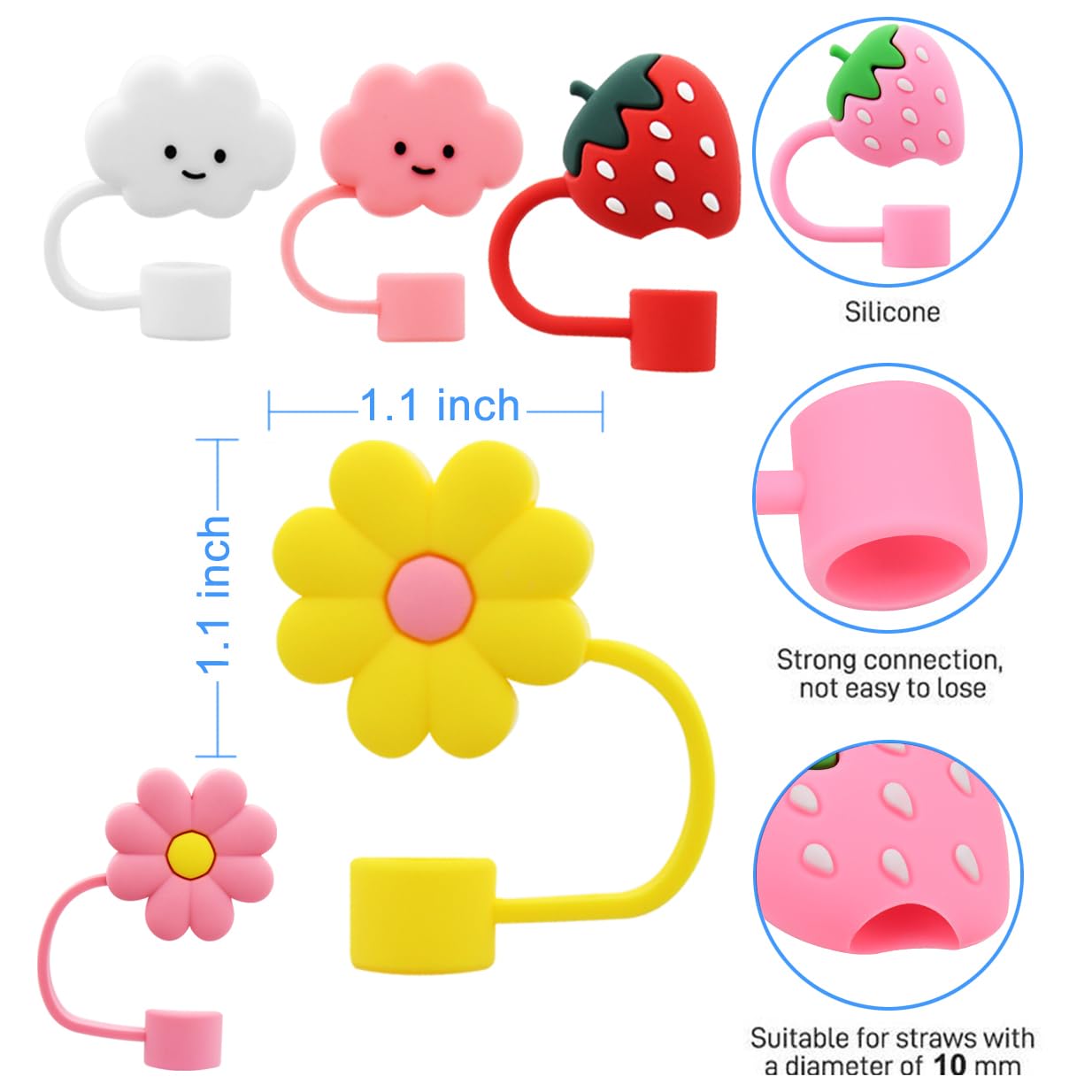 Flower Straw Cover Cap for Stanley Cup Silicone Straw Topper Compatible with 30 and 40 Oz Tumbler with Handle,Straw Tip Covers 10 mm 0.4 in for Straw Tip Covers (6pcs Strawberry Cloud Flower)