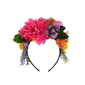 vividsun flower crown day of the dead headpiece party fiesta flower headband (pink fuchsia green leaf)