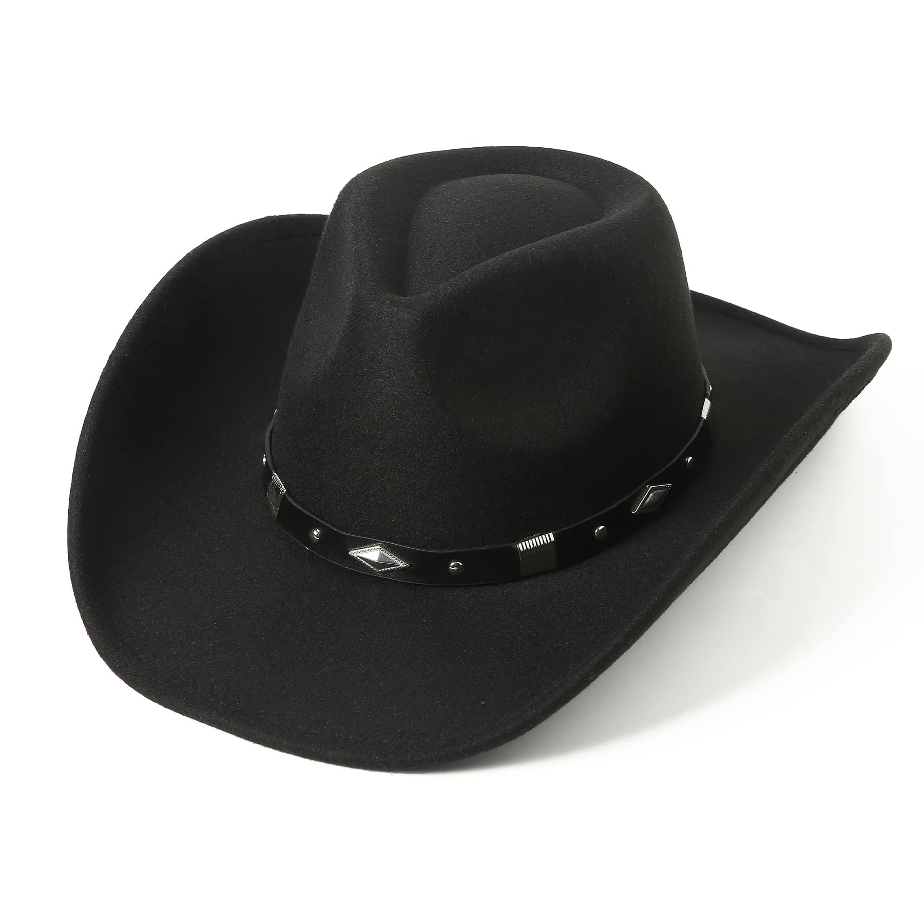 Lanzom Women Men Classic Felt Wide Brim Western Cowboy Cowgirl Hat with Belt Buckle(Black, Large)