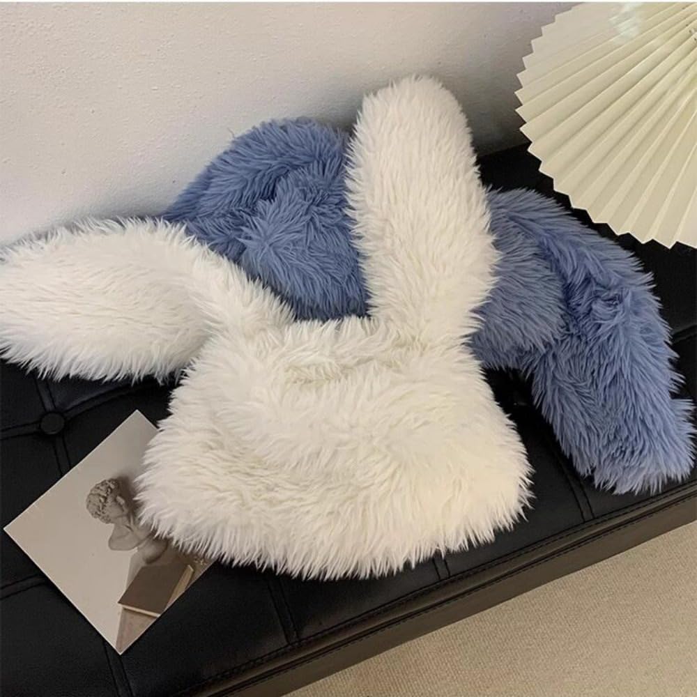 Plush Hat for Women Fuzzy Cute Beanie Solid Color Rabbit Bunny Ears Hat Y2K Winter Cold Weather Christmas Halloween (White)