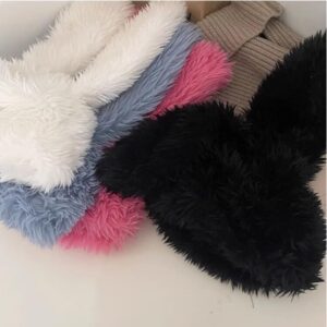 Plush Hat for Women Fuzzy Cute Beanie Solid Color Rabbit Bunny Ears Hat Y2K Winter Cold Weather Christmas Halloween (White)