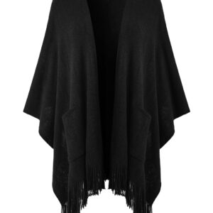 Ferand Women's Shawl Wraps with Pockets Open Front Fringe Poncho Cozy Knit Lightweight Cardigan Sweater,Black