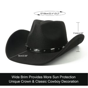 Lanzom Women Men Classic Felt Wide Brim Western Cowboy Cowgirl Hat with Belt Buckle(Black, Large)