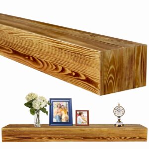 60 inch fireplace mantel, farmhouse floating fireplace mantle, wall mounted solid rustic wood shelf, with groove for better fireplace decor and frame display (60" w x 8" d x 6" h)