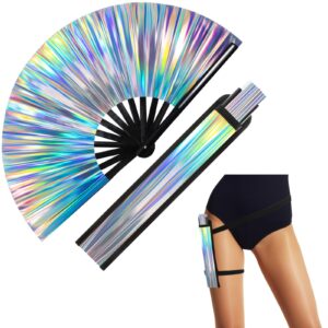 fairysandy large rave fan uv glow hand fan with holster for men/women, rave fan for edm music festival club rave accessories (laser)