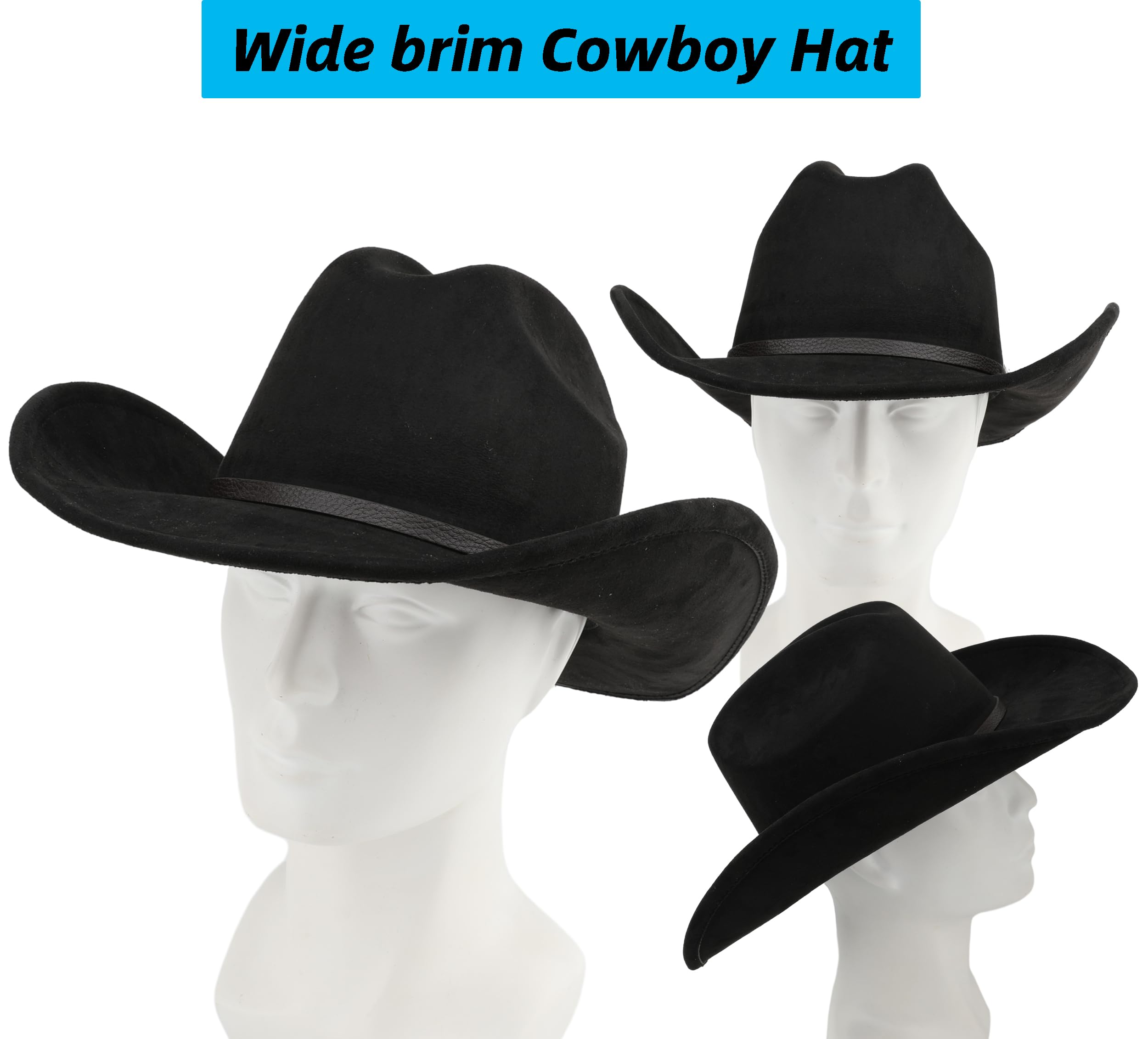 BESOOGII Wide Brim Felt Cowboy Hat for Women Men Western Cowgirl Hats (L, Black)