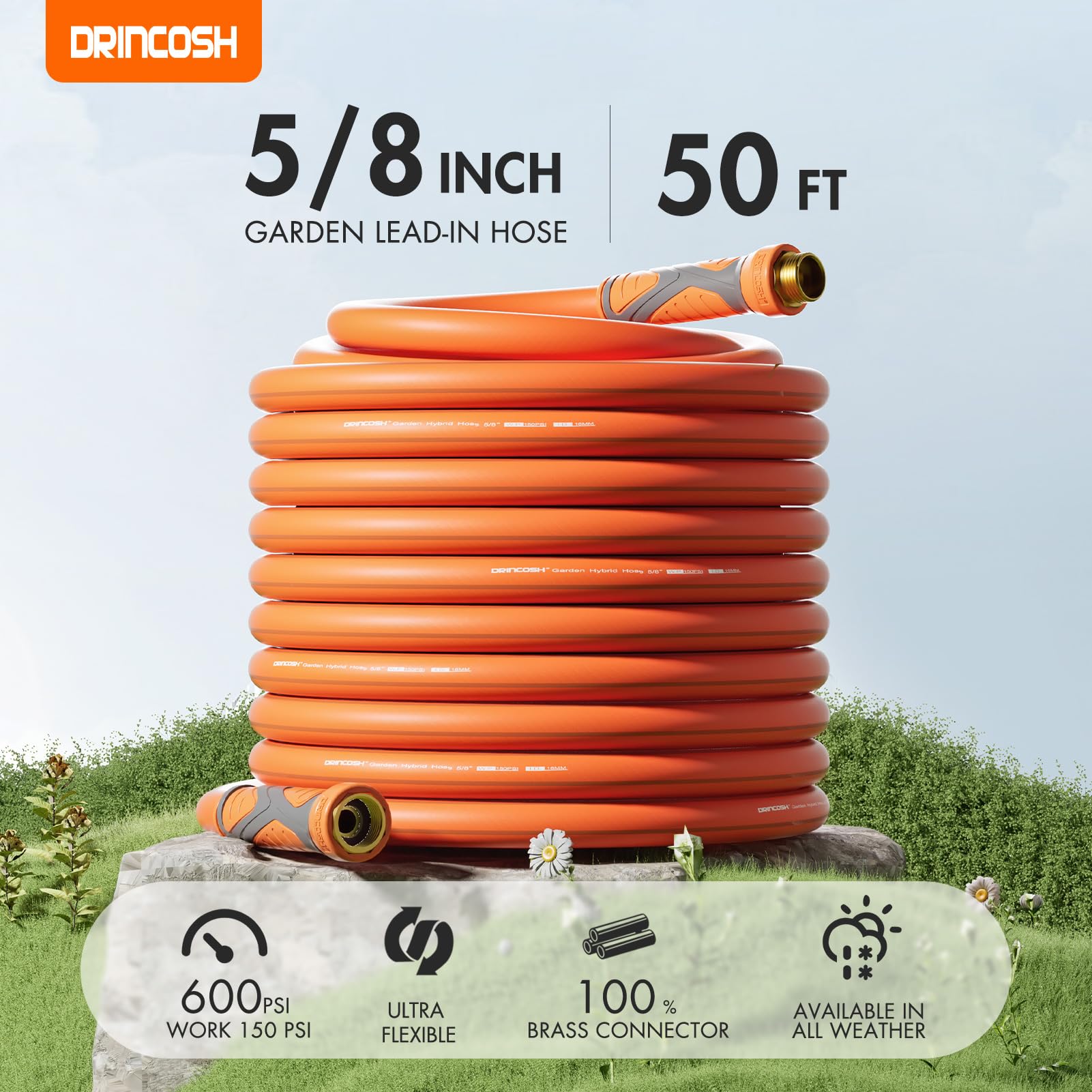 DRINCOSH Garden Hose 50 ft x 5/8" Flexible Garden Hose Ultra Durable Water Hose Lightweight Garden Hose w/Swivel Grip Handle All-weather Outdoor Lawn Car Wash Backyard