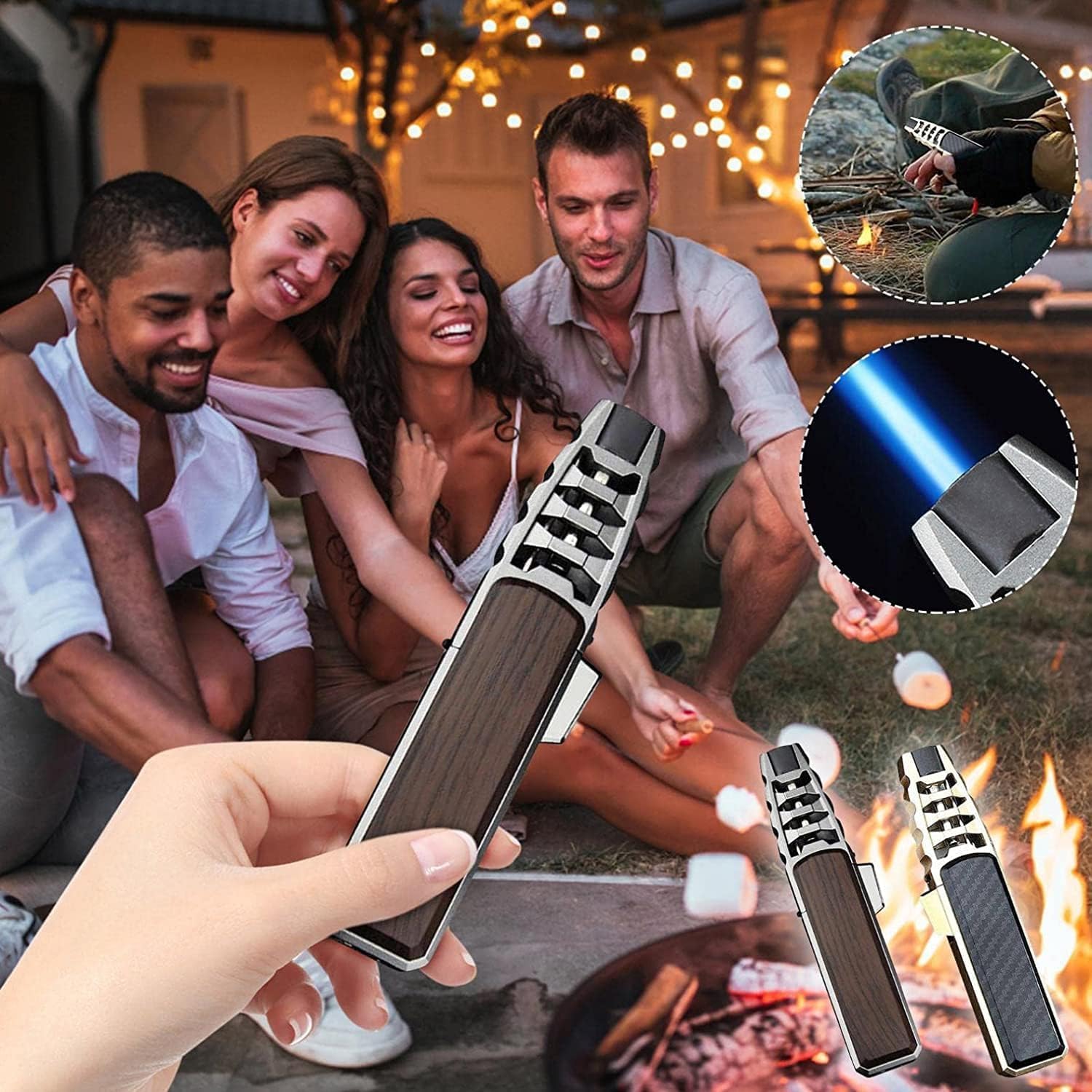 Butane Torch Lighter, Windproof Straight Torch Blue Flame Lighter, Turbine Jet Torch Lighter, Refillable Kitchen Cooking Torch Lighter with Safety Lock for BBQ, Baking(Gas Not Included) (Black+Gold)