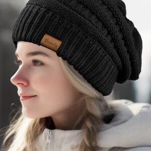 Black Slouchy Beanies for Women Cable Knit Winter Hats Ladies Gifts Oversized Chunky Skull Cap Thick Warm Stocking Caps for Cold Weather Cute Fashionable Spring Fall Beanies Hat Snow Caps Christmas