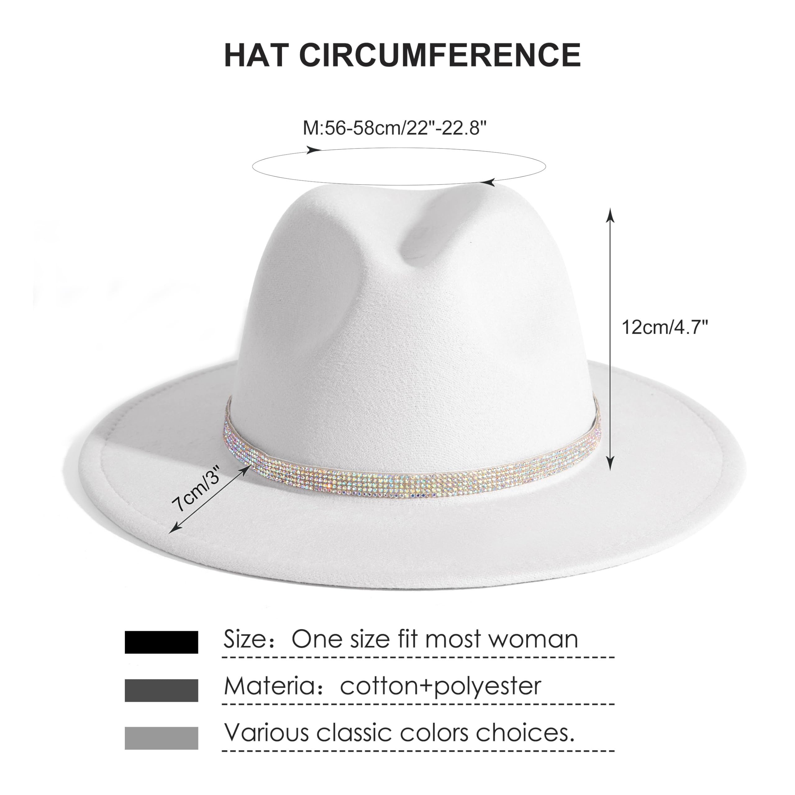 HUDANHUWEI Womens Wide Brim Fedora Hats With Shiny Rhinestone Belt Buckle Clas-White