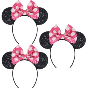 lihelei minnie ears mouse ears headband with sequin bows, headbands for kids halloween costume, headwear hair accessories for women girls - 3pcs hot pink