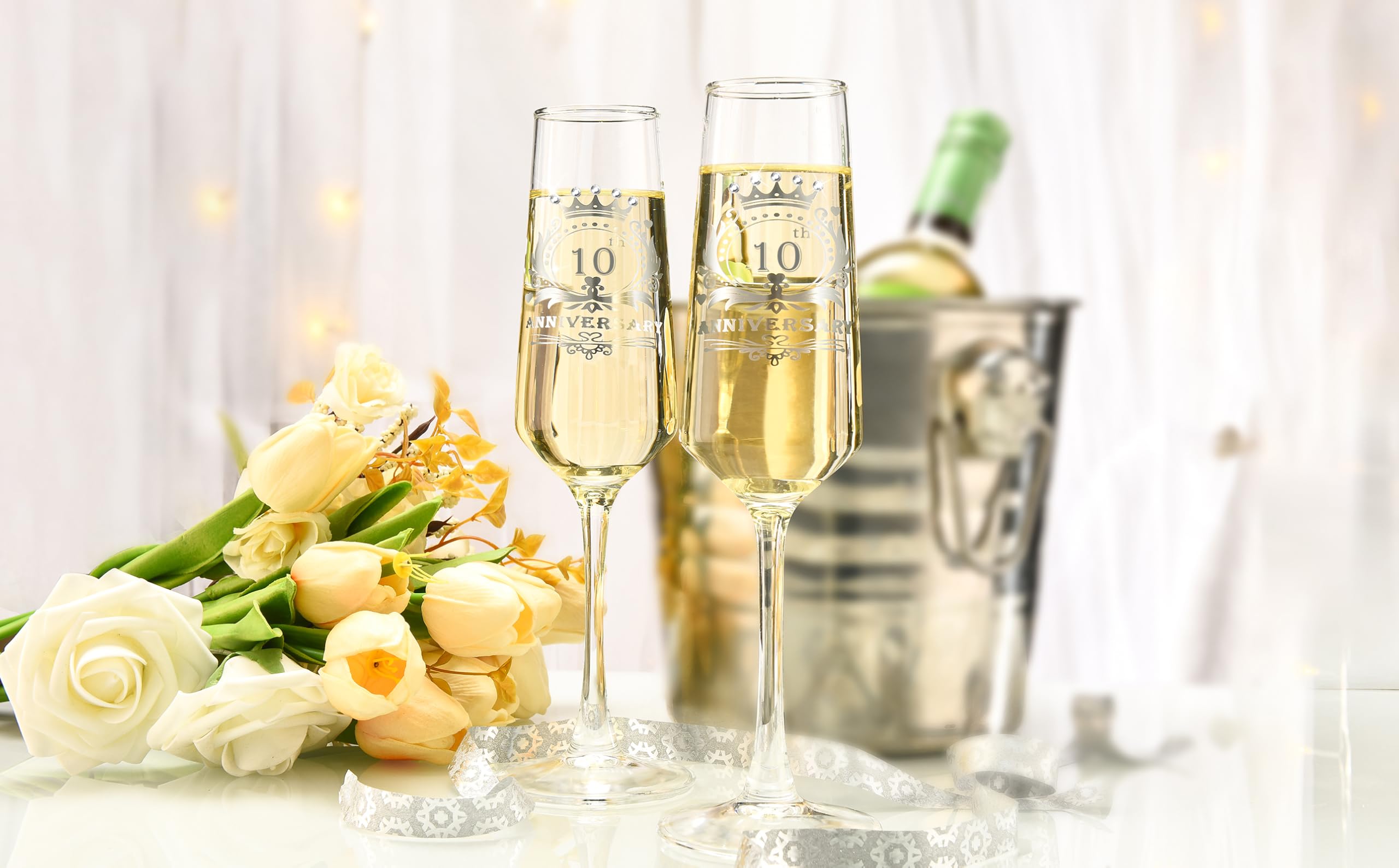 ROXBURGH 10th Wedding Anniversary Champagne Flutes Gifts Set of 2, 10th Anniversary Decorations 7 OZ Crystal Champagne Glasses, Wedding Gifts, Couples, Parents Anniversary