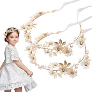 auswalar 2 pcs daisy pearl flower vine rhinestones headband, flower headband floral hair wreath headpiece for bridal women girls hippie wedding party