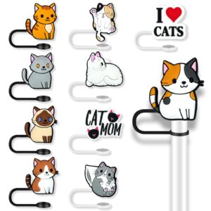 uketniy 10pcs cat straw cover cup for tumbler cup,10mm cute cat drinking straw topper, reusable protectors straw tips lids for cup accessories (10pcs cat 10mm)