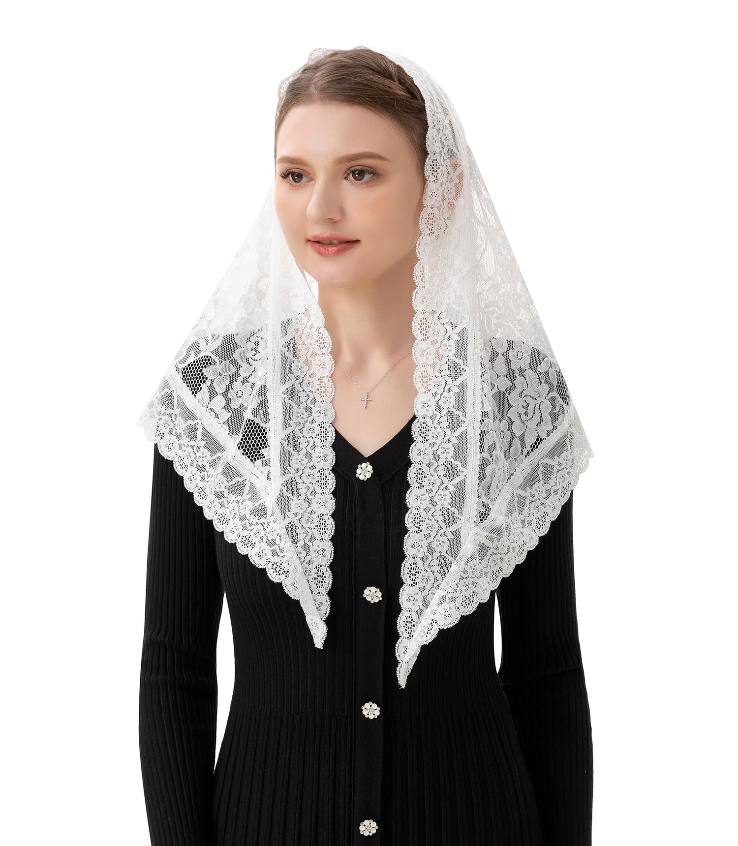 PAMOR Veils for Church Catholic Triangluar Scarf Embroidered Chapel Veil Head Covering Latin Mass Mantilla (White)