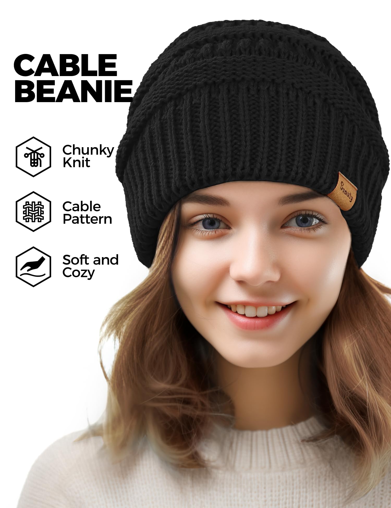 Black Slouchy Beanies for Women Cable Knit Winter Hats Ladies Gifts Oversized Chunky Skull Cap Thick Warm Stocking Caps for Cold Weather Cute Fashionable Spring Fall Beanies Hat Snow Caps Christmas