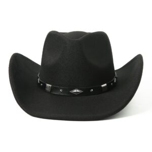 Lanzom Women Men Classic Felt Wide Brim Western Cowboy Cowgirl Hat with Belt Buckle(Black, Large)