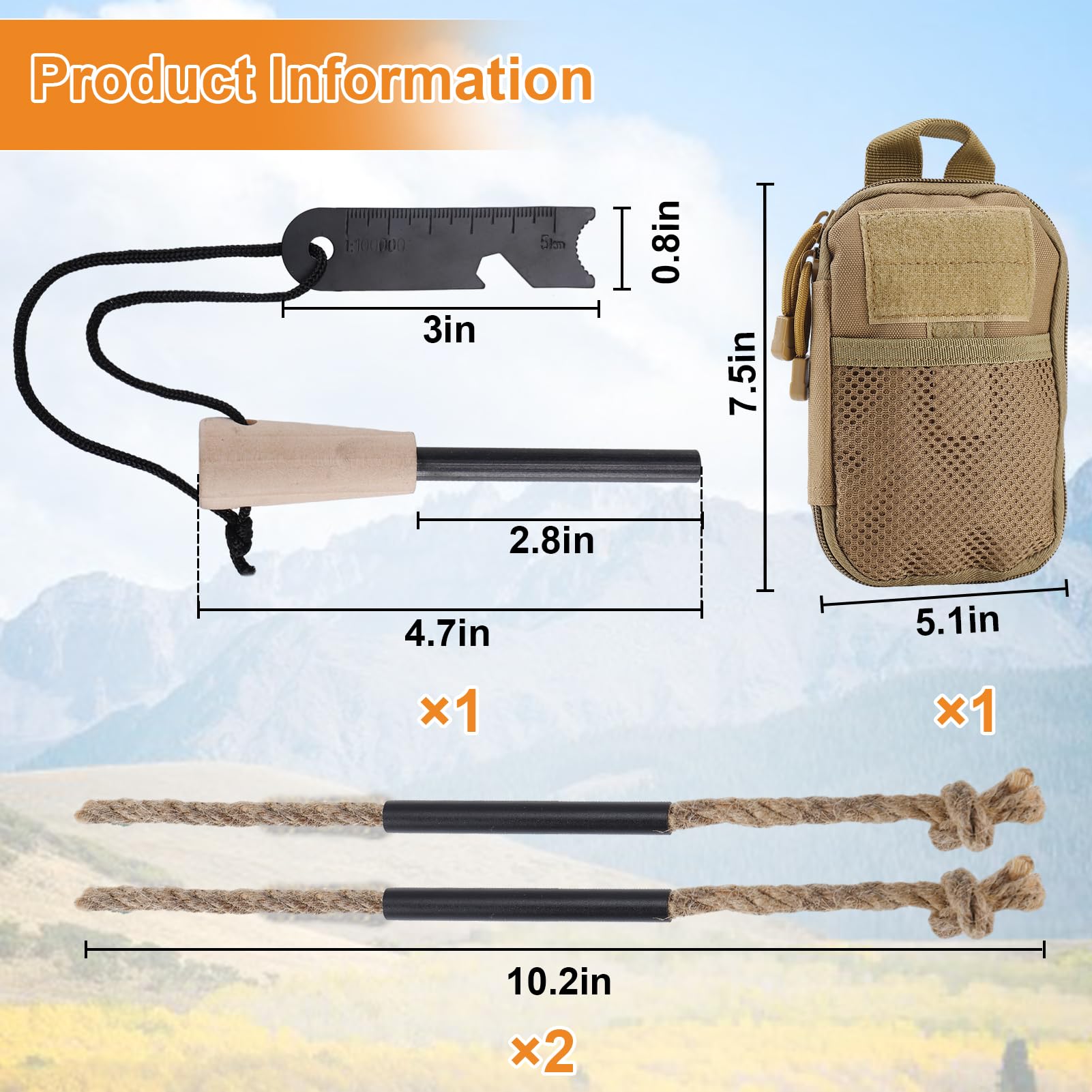 Fire Starter Survival Tool, Fire Starter Kit Includes Magnesium Rod, Steel Striker, 2 Pcs Wick Hemp Rope and Multifunctional Outdoor Bag, Fire Starters for Campfires Hiking Survival Training Gift