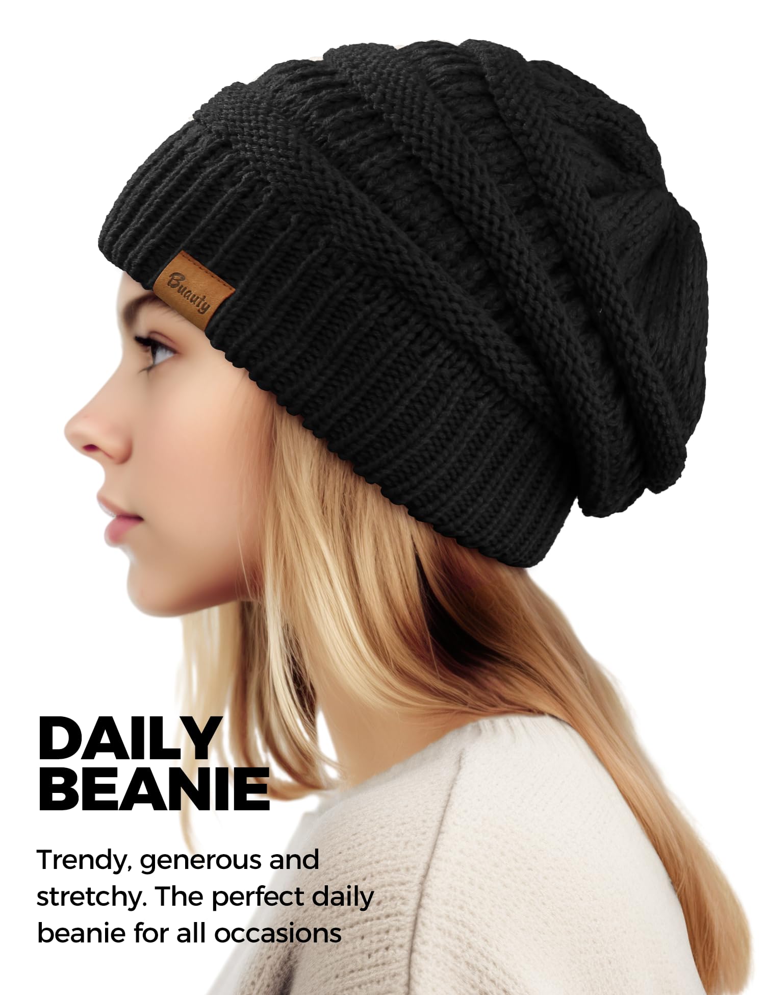 Black Slouchy Beanies for Women Cable Knit Winter Hats Ladies Gifts Oversized Chunky Skull Cap Thick Warm Stocking Caps for Cold Weather Cute Fashionable Spring Fall Beanies Hat Snow Caps Christmas