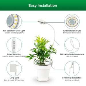 SANSI Grow Lights for Indoor Plants, Pot Clip LED Plant Light for Growing Full Spectrum, Plant Growing Lamp with 4-Level Dimmable, Auto On Off 3 6 12 Hrs Timer for Pot Plants, White 10W 1-Pack