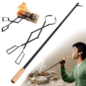 45in extra long fire poker - blow poke, 25in fire tongs, portable fire pit tools, fireplace poker and tongs set for campfire bonfires wood stove firewood