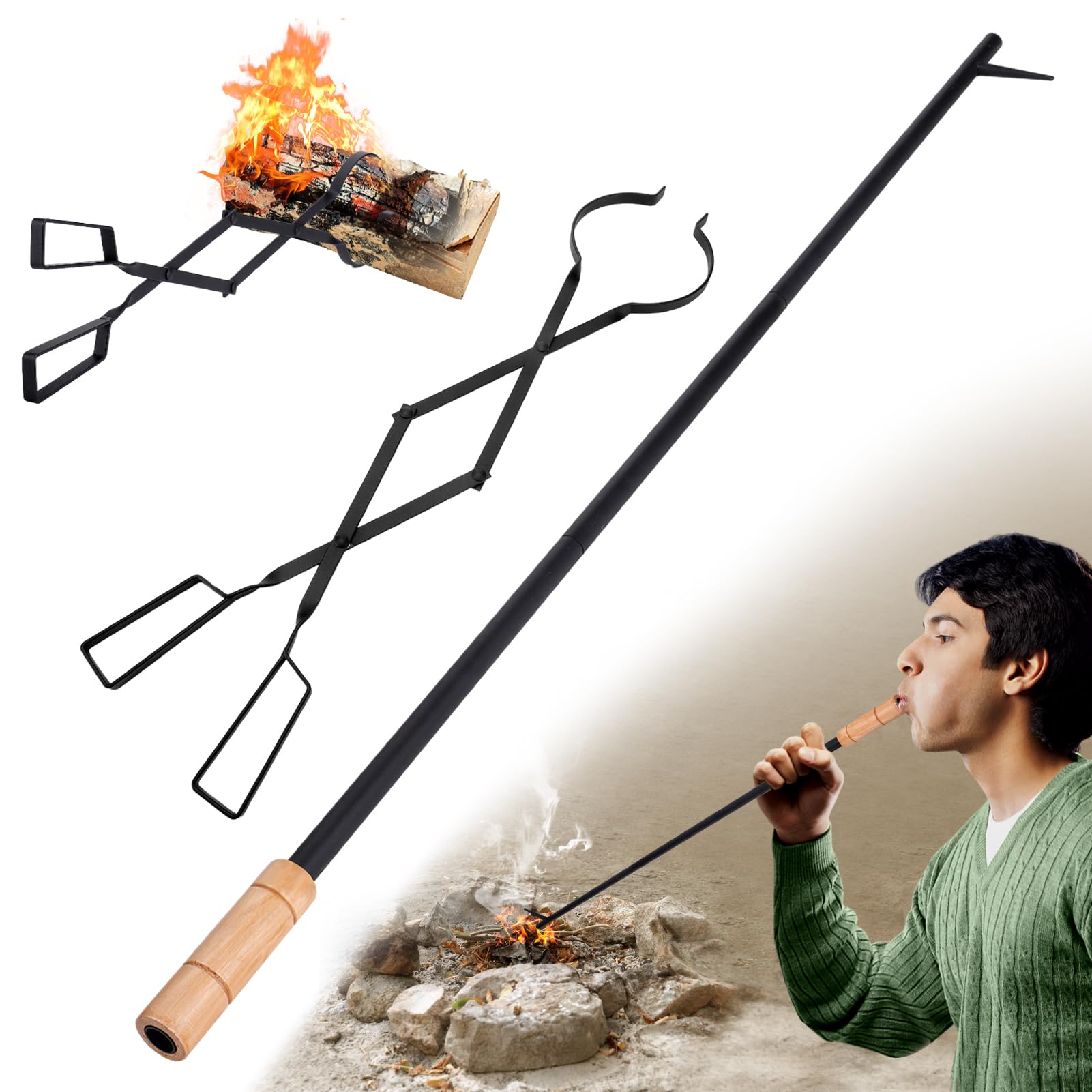 45in Extra Long Fire Poker - Blow Poke, 25in Fire Tongs, Portable Fire Pit Tools, Fireplace Poker and Tongs Set for Campfire Bonfires Wood Stove Firewood