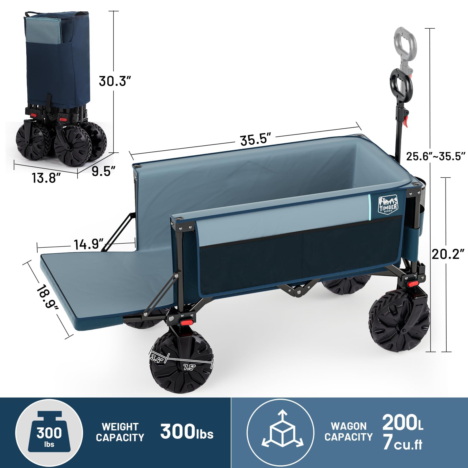 TIMBER RIDGE 47" Extra Long Collapsible Folding Wagon with Tailgate, 300lbs Heavy Duty Beach Wagon with All-Terrain Big Wheels, Foldable Utility Wagon Cart for Sand Camping Sports Shopping, Blue