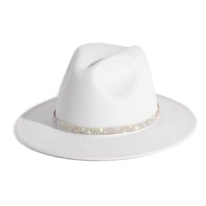 hudanhuwei womens wide brim fedora hats with shiny rhinestone belt buckle clas-white