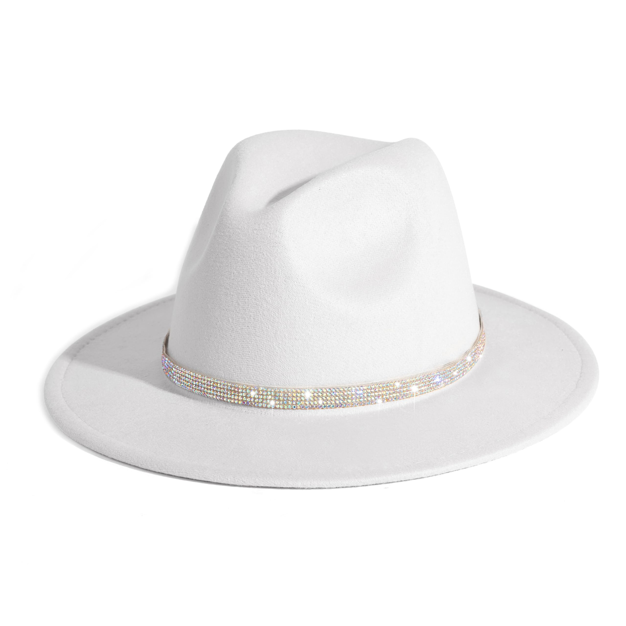 HUDANHUWEI Womens Wide Brim Fedora Hats With Shiny Rhinestone Belt Buckle Clas-White