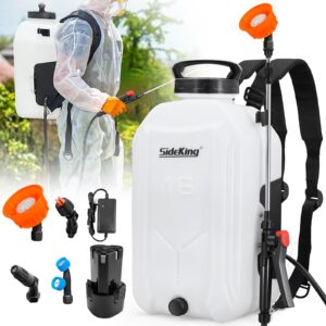 sideking battery powered backpack sprayer 4 gallon, powerful electric garden sprayer with 12v rechargeable battery, telescopic wand with trigger-lock and 4 mist nozzles (charger included)