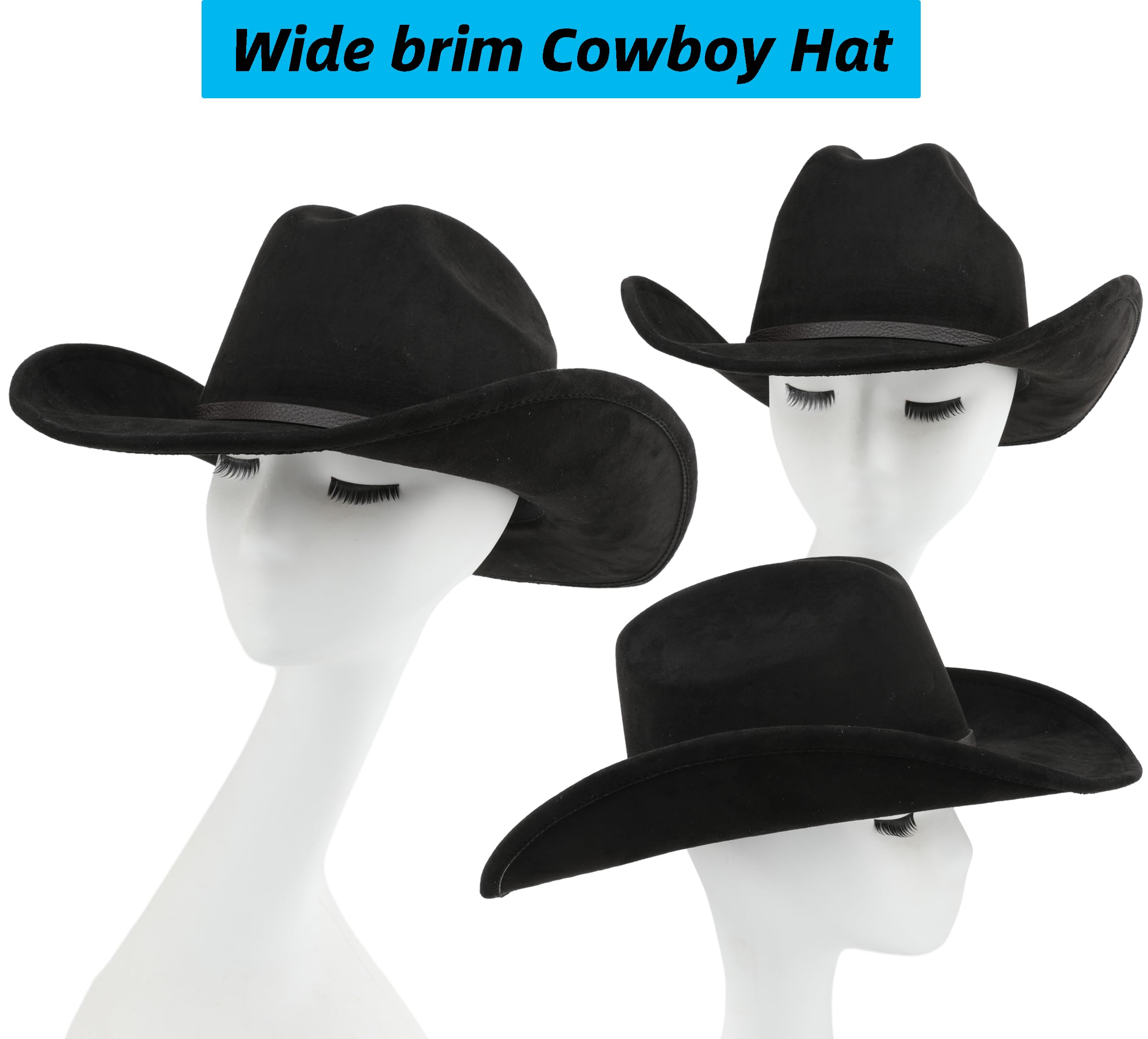 BESOOGII Wide Brim Felt Cowboy Hat for Women Men Western Cowgirl Hats (L, Black)