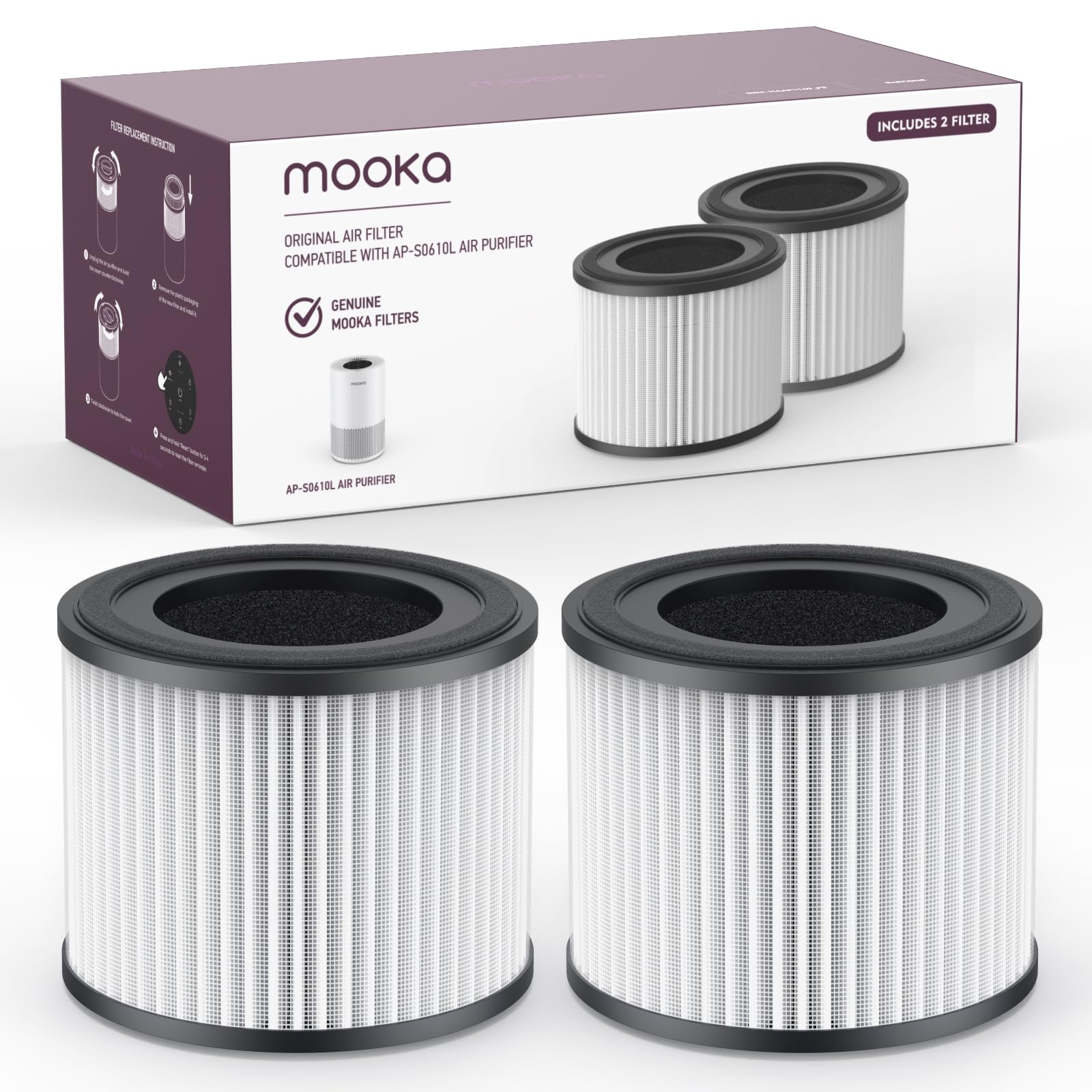 2 Pack MOOKA AP-S0610L Air Purifier Filter, 3-in-1 True HEPA Filter, High-Efficiency Activated Carbon Air Filter for Smoke, Odor, Dander, Pollen