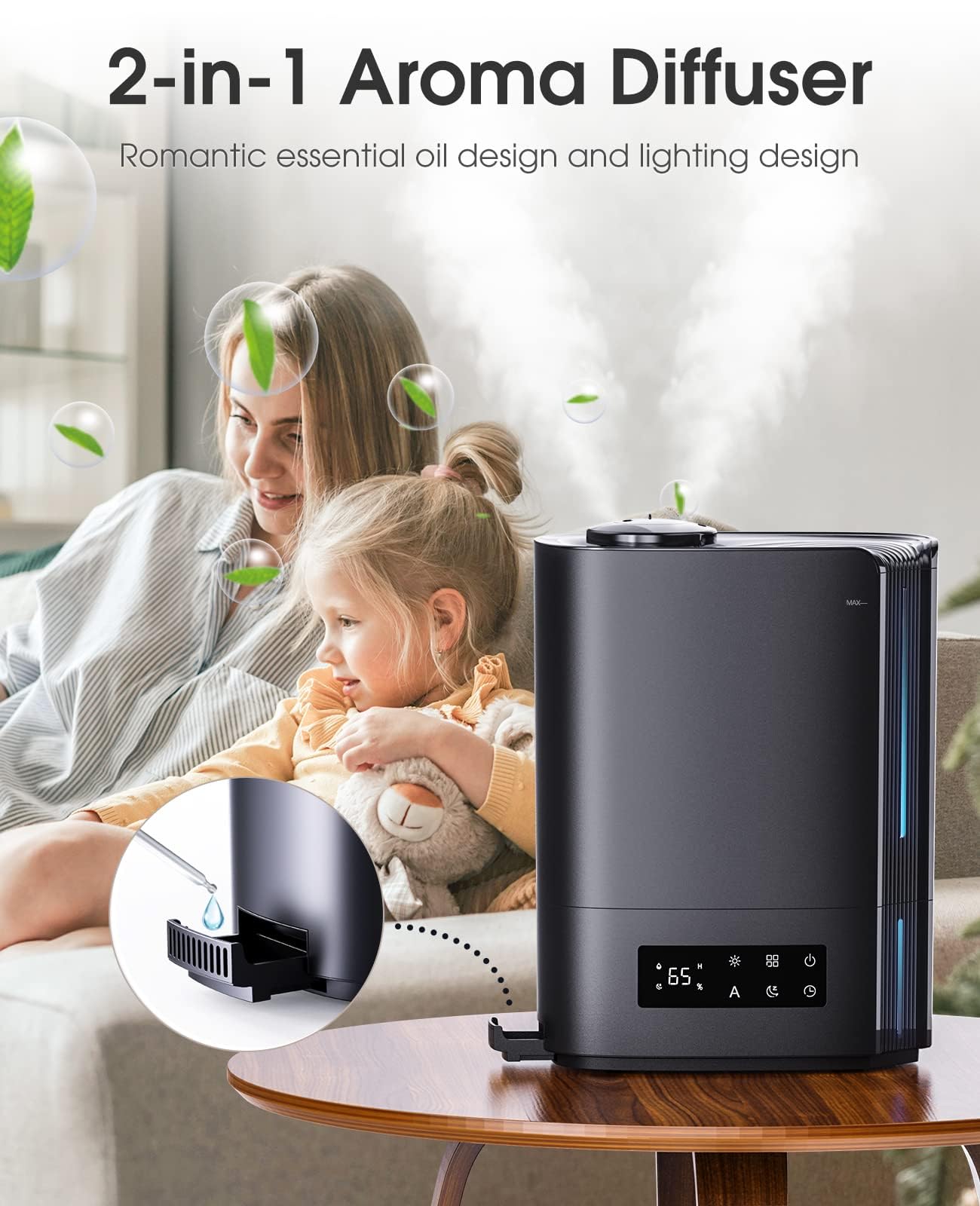 Humidifiers for Bedroom, 6L Top Fill Cool Mist Humidifiers for Large Room for Plants,TABYIK Air humidifier with Humidistat and Timer, with Essential Oil Diffuser Quiet for Home Black