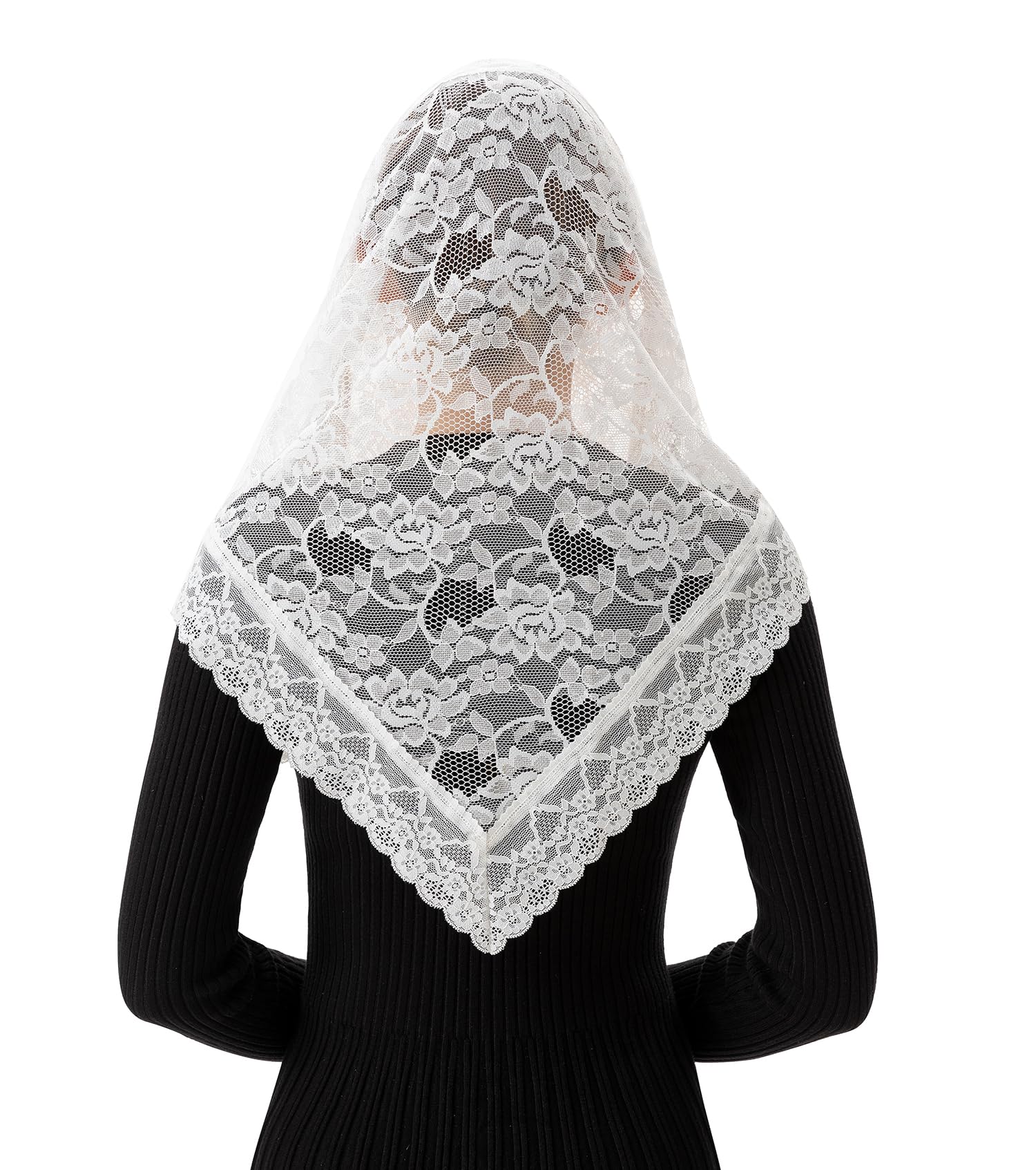 PAMOR Veils for Church Catholic Triangluar Scarf Embroidered Chapel Veil Head Covering Latin Mass Mantilla (White)