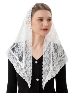 pamor veils for church catholic triangluar scarf embroidered chapel veil head covering latin mass mantilla (white)