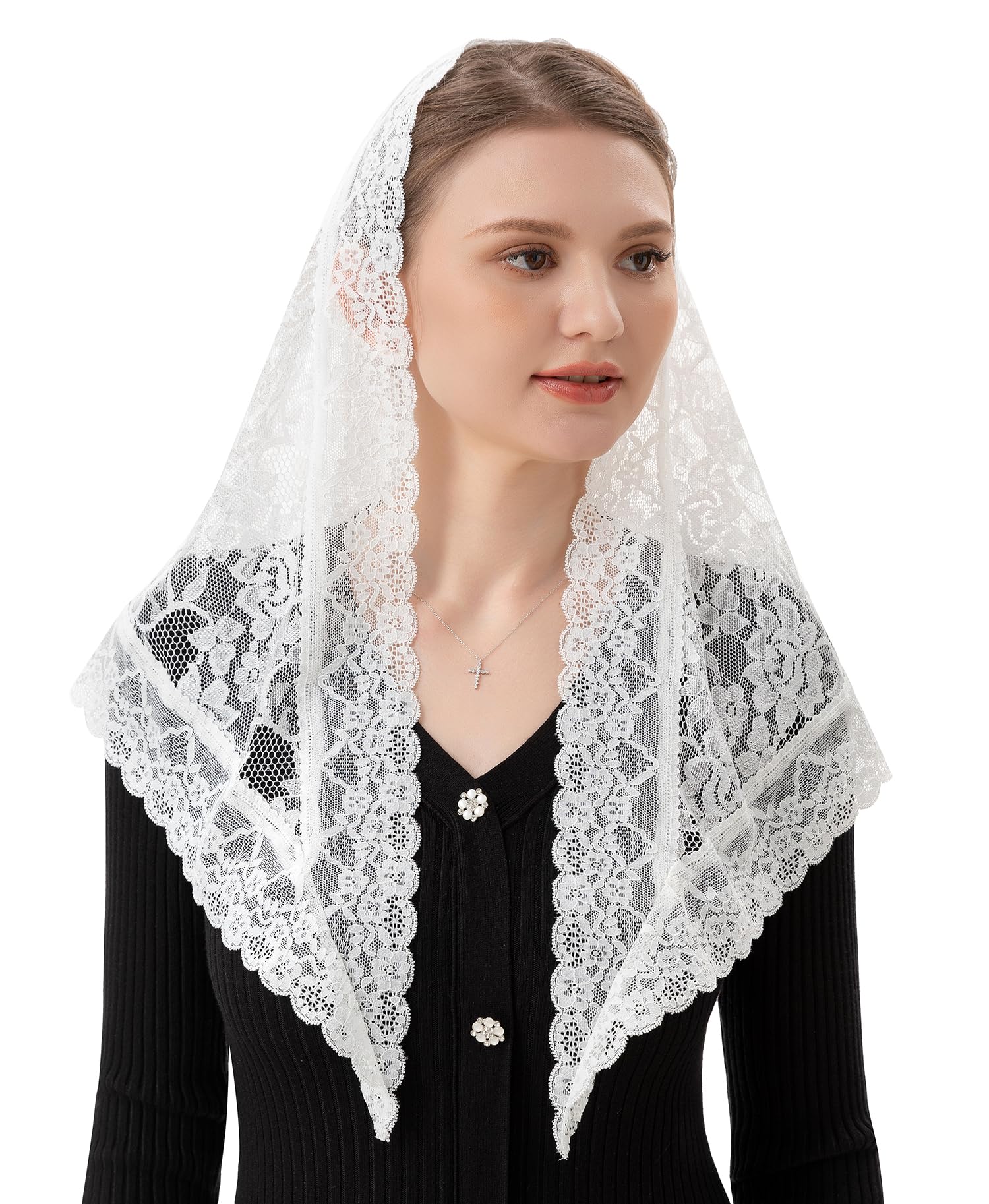 PAMOR Veils for Church Catholic Triangluar Scarf Embroidered Chapel Veil Head Covering Latin Mass Mantilla (White)