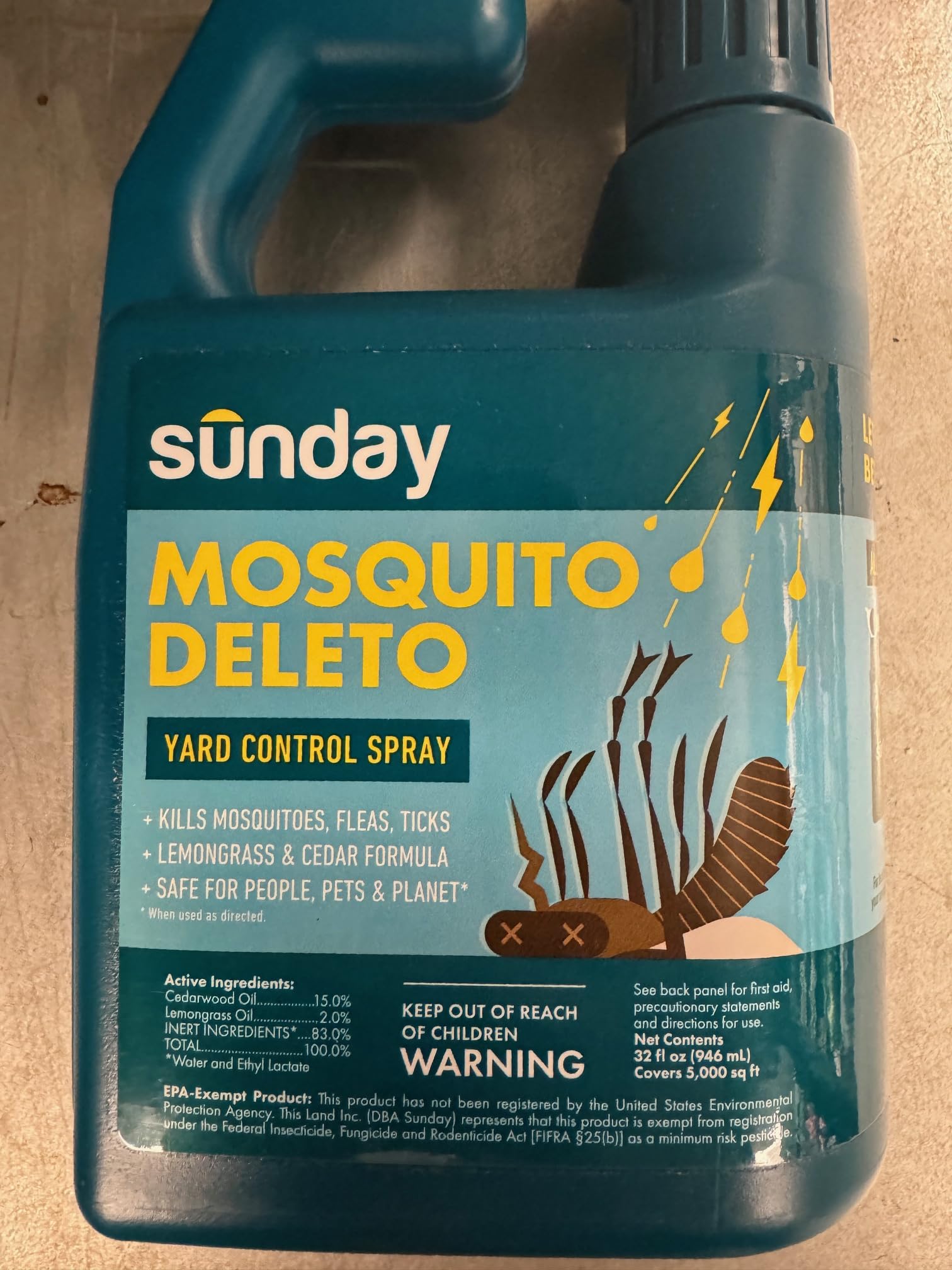 Sunday Mosquito Deleto - Mosquito Repellent & Bug Control Spray - Concentrated Lemongrass & Cedar Oils - for Mosquitoes, Fleas, & Ticks - Lasts up to 4 Weeks - Hose-On Sprayer, 32 Fl Oz