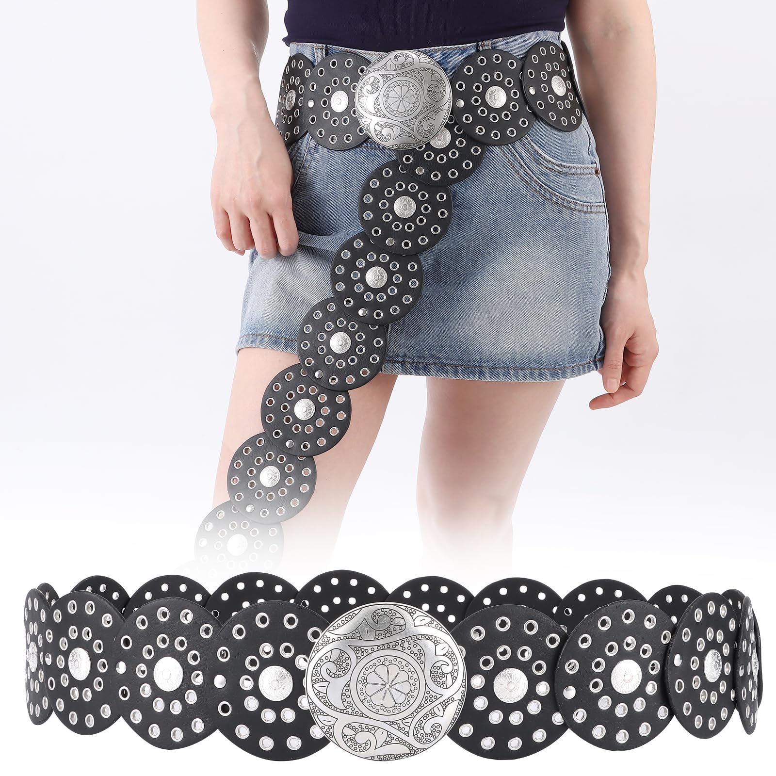 Dazzleimart Hollow Disc Belt Western Style Exaggerated Cowboy Wide Disc Belt Metal Buckle Vintage Soft Belt for Women (Black Silver-A, 101cm/39.7in)