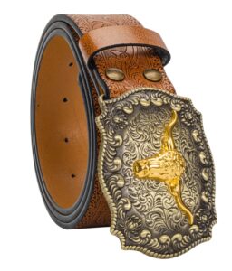 inogih western-cowboy-belts for women men vintage floral-engraved bull head buckle cowgirl-waist-belt for 25 to 38" waist