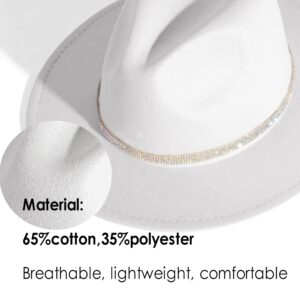 HUDANHUWEI Womens Wide Brim Fedora Hats With Shiny Rhinestone Belt Buckle Clas-White