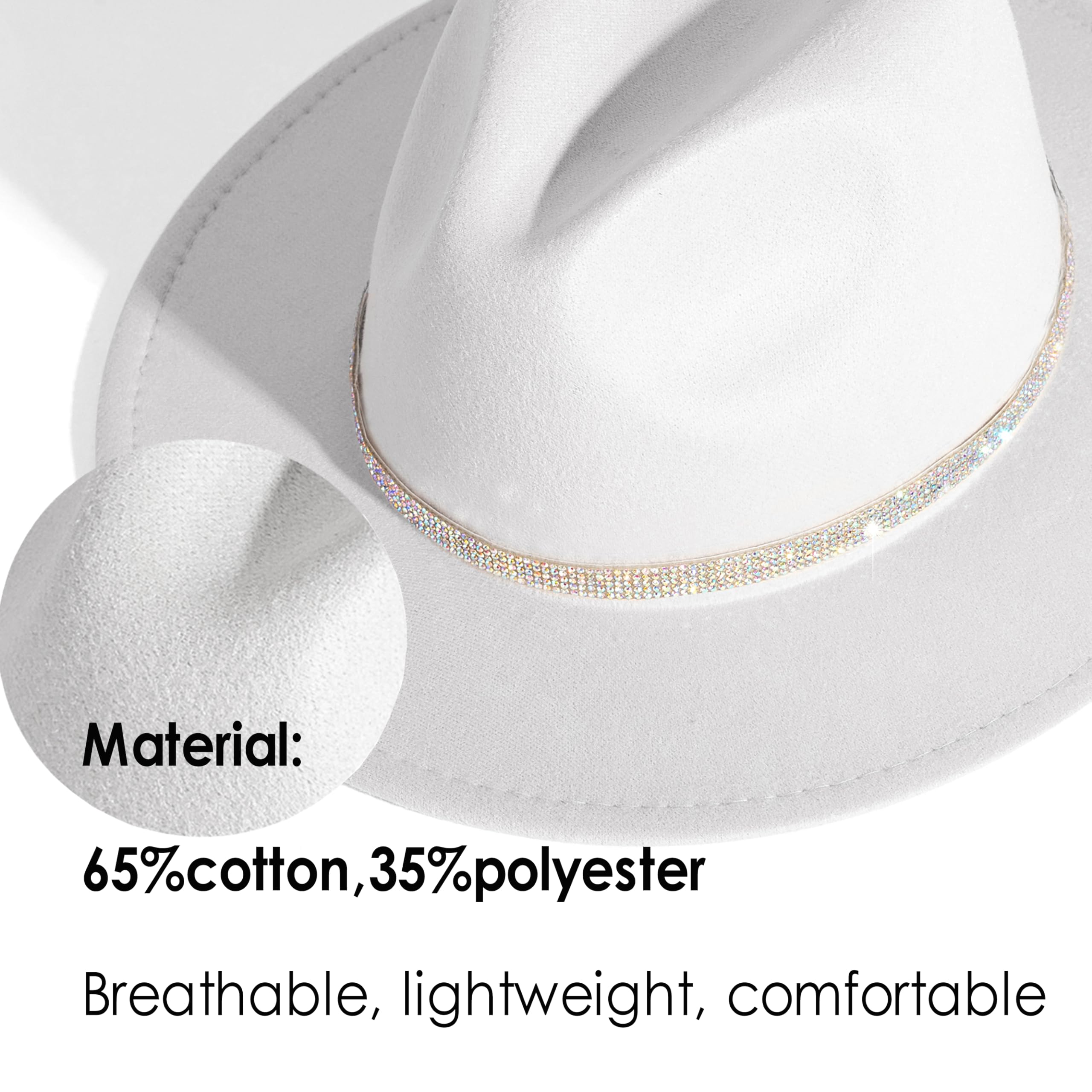 HUDANHUWEI Womens Wide Brim Fedora Hats With Shiny Rhinestone Belt Buckle Clas-White