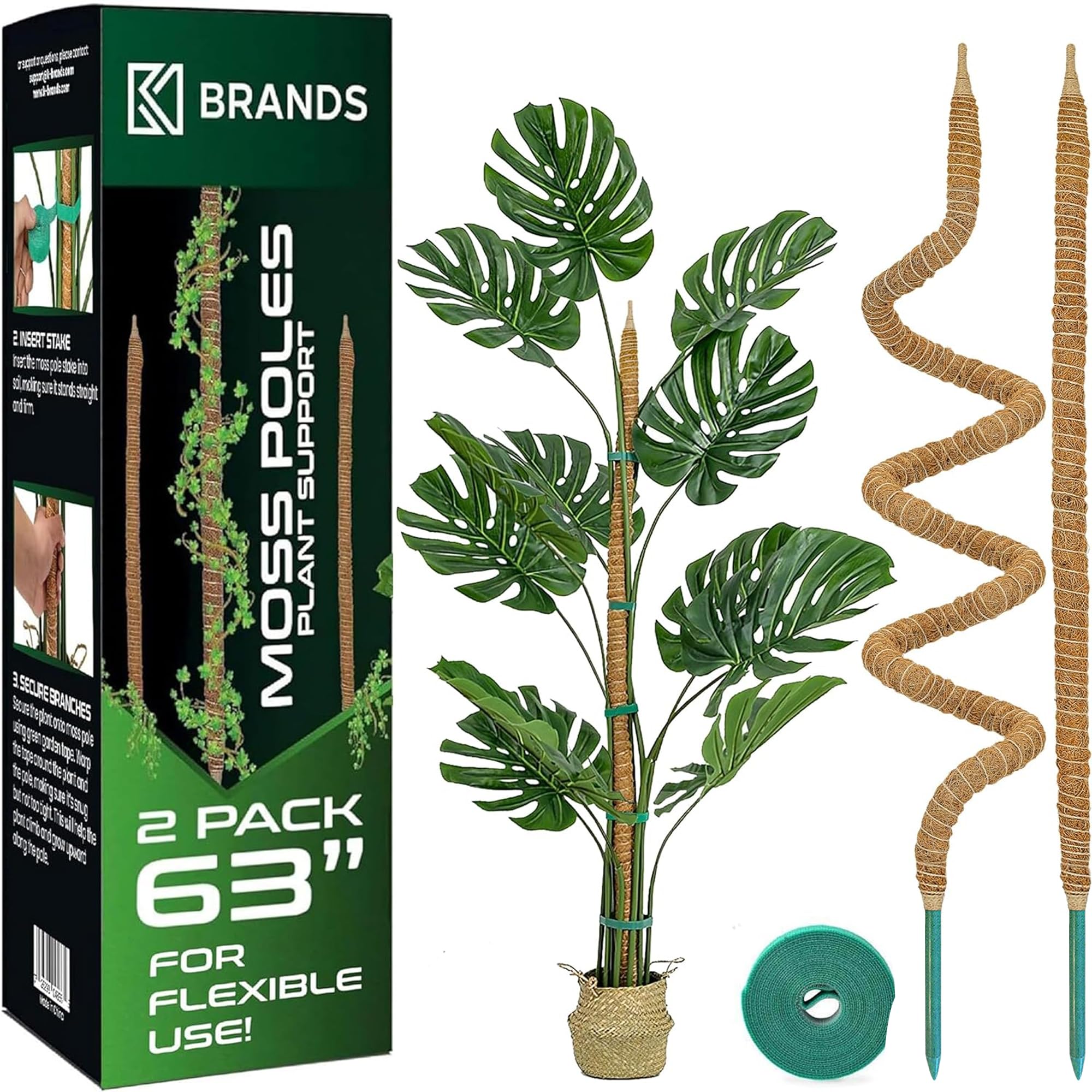 K-Brands 2 Pack Moss Pole - 63'' Bendable Monstera Plant Support - Moss Poles for Climbing Plants Monstera - Plant Pole Plant Sticks Support - Plant Stakes kit for Indoor Plants