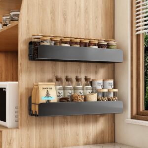 kitstorack spice rack wall mount, 2 pack 15.7" oversize spice rack organizer without drilling large adhesive hanging spice racks, kitchen essentials home decor, black,for smooth walls