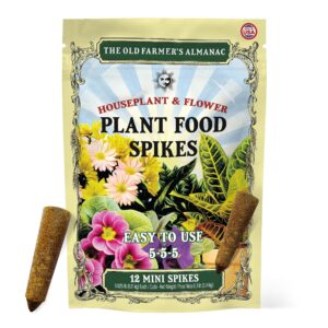 the old farmer's almanac houseplant & flower plant food mini spikes - npk 5-5-5 for continuous feeding and vibrant colors (12 mini spikes)