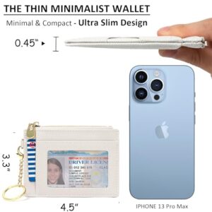 Small Pocket Wallet Slim RFID Blocking Card Holder Keychian Zipper Coin Purse Mini Cash & Coin & Cards Case for Women Men (White)