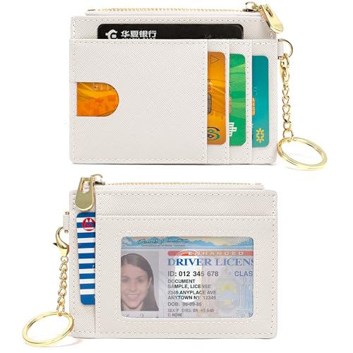 Small Pocket Wallet Slim RFID Blocking Card Holder Keychian Zipper Coin Purse Mini Cash & Coin & Cards Case for Women Men (White)