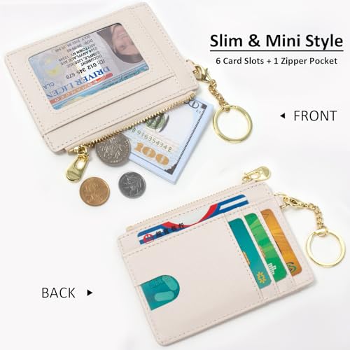 Small Pocket Wallet Slim RFID Blocking Card Holder Keychian Zipper Coin Purse Mini Cash & Coin & Cards Case for Women Men (White)