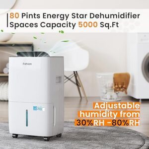 Fehom 80 Pints Dehumidifier Most Efficient Energy Star - 5,000 Sq. Ft. Dehumidifier for Basement with Drain Hose and 1.06 Gal Water Tank, Smart Dehumidifiers for Home, Large Rooms(JD025L-80)