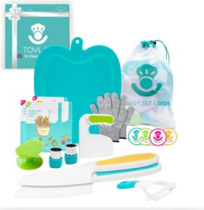 tovla jr kids montessori cooking tools set - kid safe kitchen knives gift set - childrens' knife, toddler chopper, vegetable peeler ,gloves,cutting board, recipes and more