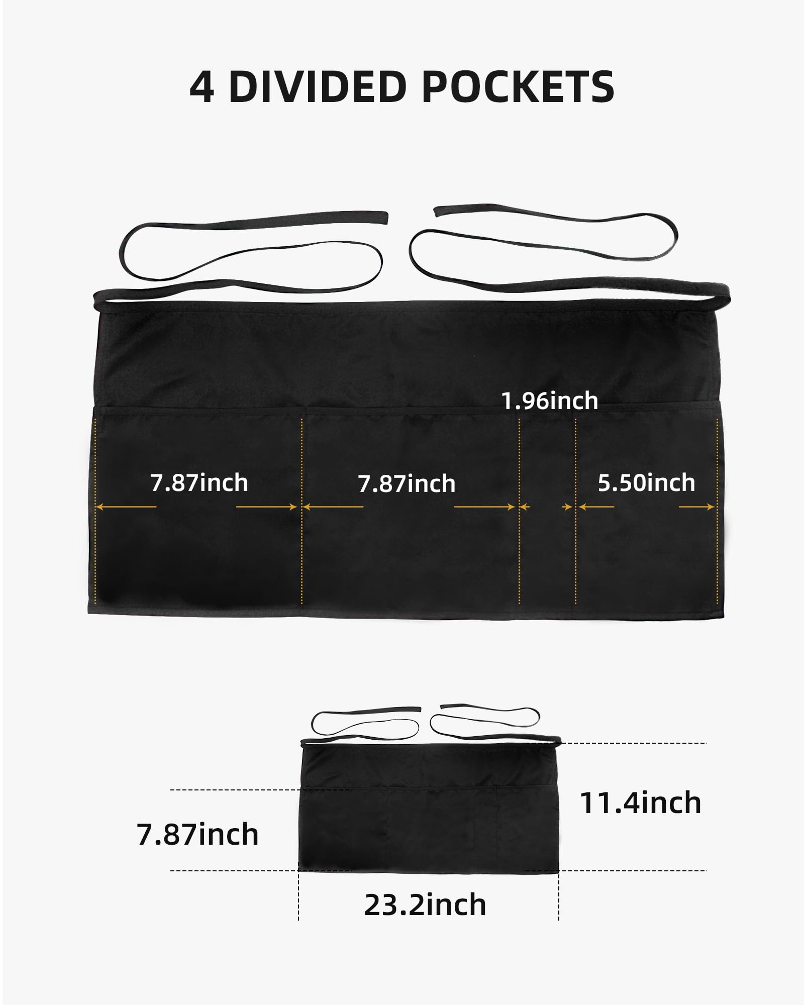 Xeoxarel Server Aprons with 4 Pockets, Unisex Waitress Waiter Waist Apron for Women and Man Half Black 11.5''